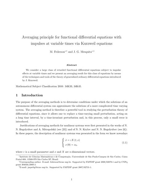 Pdf Averaging Principle For Functional Differential Equations With Impulses At Variable Times