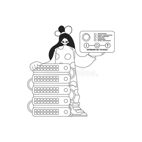 Girl Interacts Cloud Storage Server For Internet Of Things In A Vector Linear Style Stock Vector