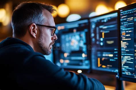 A Programmer Is Deeply Engaged In Writing Code Surrounded By Multiple Screens In A Dimly Lit