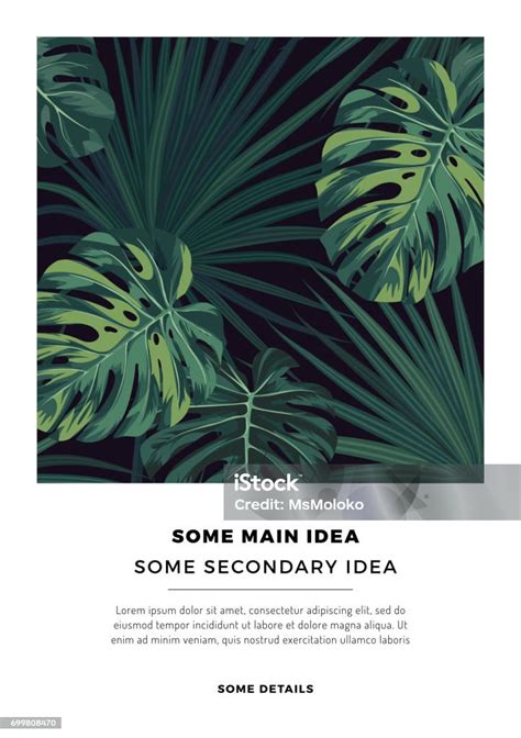 어두운 여름 벡터 열 대 엽서 녹색 정글 팜 잎으로 디자인 텍스트를 위한 공간 0명에 대한 스톡 벡터 아트 및 기타 이미지