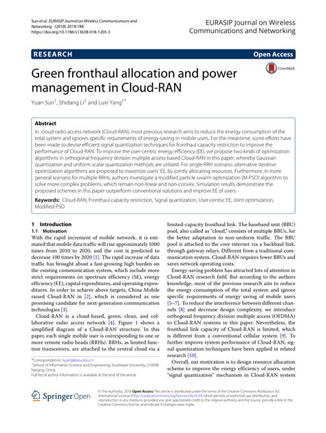 Pdf Green Fronthaul Allocation And Power Management In Cloud Ran