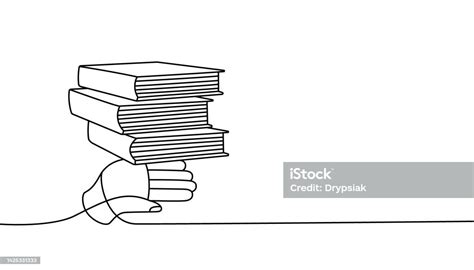 책 더미가있는 손으로 한 줄 연속 그리기 서점 도서관 연속 한 줄 그림 벡터 미니멀리스트 선형 일러스트레이션 교과서에 대한 스톡 벡터 아트 및 기타 이미지 Istock