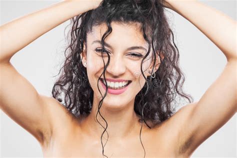 Beautiful Brunette Girl With Long Wet Hair Studio Portrait Very Happy