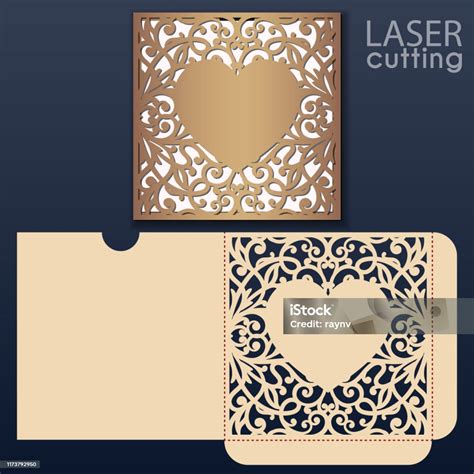 하트 모양의 프레임으로 다이 레이저 컷 웨딩 봉투 템플릿 웨딩 레이스 초대 모형입니다 절단용 템플릿입니다 다이 컷 포켓 봉투 템플릿 0명에 대한 스톡 벡터 아트 및 기타