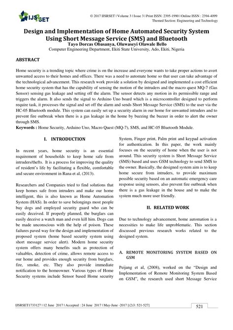 PDF Design And Implementation Of Home Automated Security System Using Short Message Service