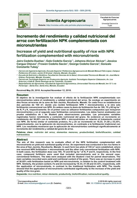 Pdf Increase Of Yield And Nutritional Quality Of Rice With Npk Fertilization Complemented With