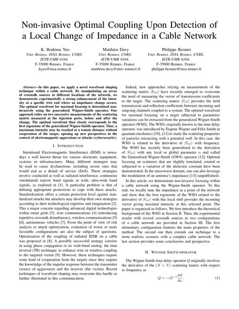 PDF Non Invasive Optimal Coupling Upon Detection Of A Local Change Of Impedance In A Cable Network