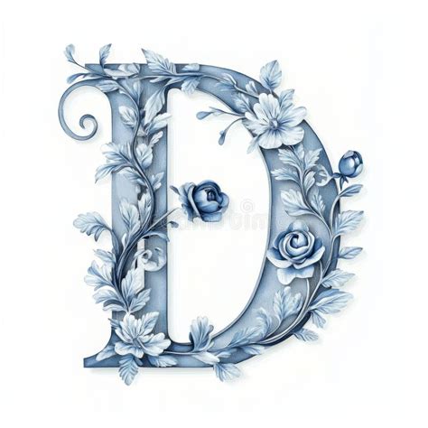 Elegant Gray Letter D With Blue Floral Design Stock Illustration