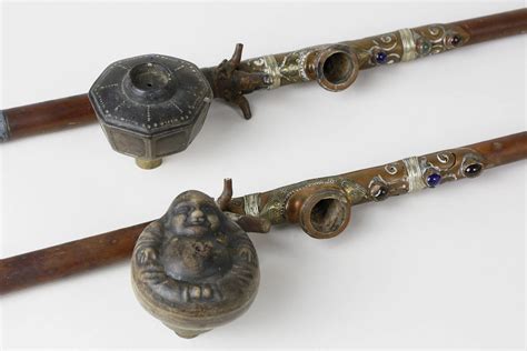 Two Antique Chinese Opium Pipes 19th Century Two Antique Chinese
