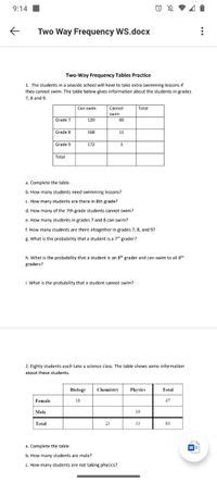 Answered Two Way Frequency WS Docx Two Way Frequency Tables Practice The Students In A
