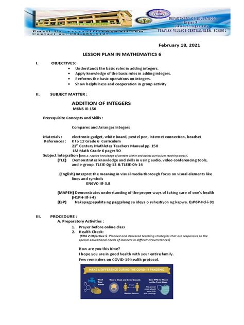 Edited Lesson Plan In Mathematics 6 Adding Integers Pdf Teaching Method Curriculum