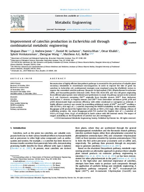 Pdf Improvement Of Catechin Production In Escherichia Coli Through Combinatorial Metabolic