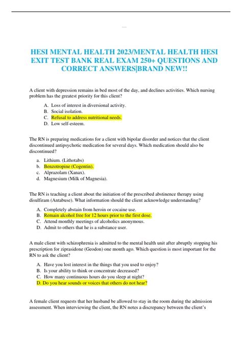 TEST BANK FOR HESI MENTAL HEALTH MENTAL HEALTH HESI EXIT TEST BANK REAL EXAM 250 QUESTIONS AND