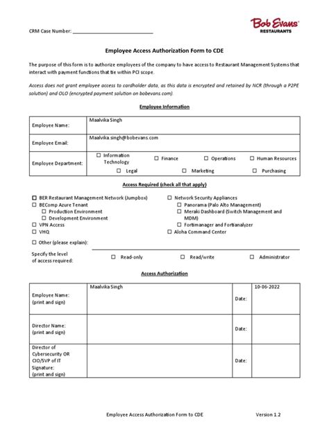 Employee Access Authorization Form Pdf Security Engineering Crime Prevention