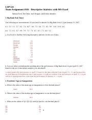 LSP121 Team 101 Docx LSP 121 Team Assignment 101 Descriptive Statistics With MS Excel