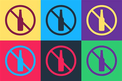 팝 아트 색상 배경에 고립 된 알코올 아이콘 없음 알코올 음료 금지 맥주 병 유리와 금지 된 기호 벡터 술 마실 것에 대한 스톡 벡터 아트 및 기타 이미지 Istock