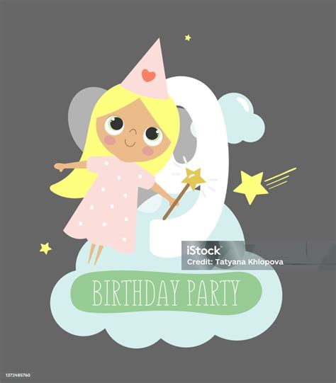 귀여운 작은 요정과 숫자 아홉 생일 카드 벡터 일러스트 만화 스타일 어린이 파티 엽서 포스터 초대장 배너 및 인쇄를 위한