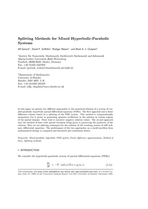 Pdf Splitting Methods For Mixed Hyperbolic Parabolic Systems
