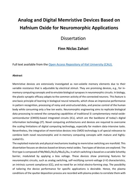 Pdf Analog And Digital Memristive Devices Based On Hafnium Oxide For Neuromorphic Applications