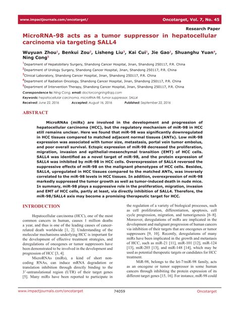 Pdf Microrna 98 Acts As A Tumor Suppressor In Hepatocellular Carcinoma Via Targeting Sall4