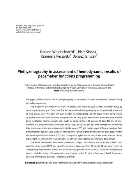 Pdf Plethyzmography In Assessment Of Hemodynamic Results Of Pacemaker