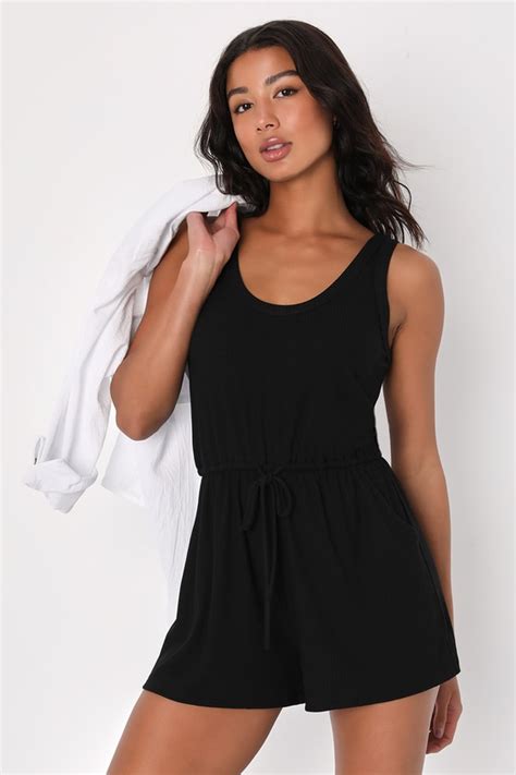 Black Ribbed Knit Romper Lounge Romper Tie Front Romper Lulus