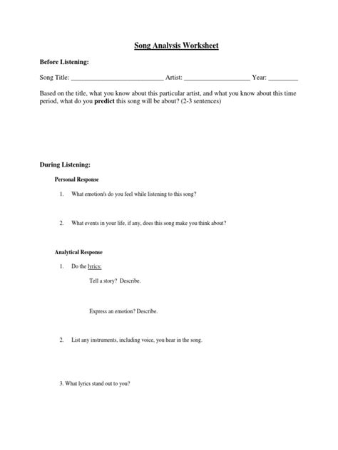 Song Analysis Worksheet PDF PDF Worksheets Library