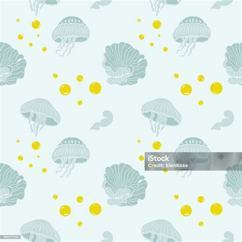 손으로 그린 해파리와 산호 매끄러운 패턴 질감이 있는 리노 컷 스타일의 여름 일러스트레이션 배경 장난기 넘치는 귀여운 파스텔