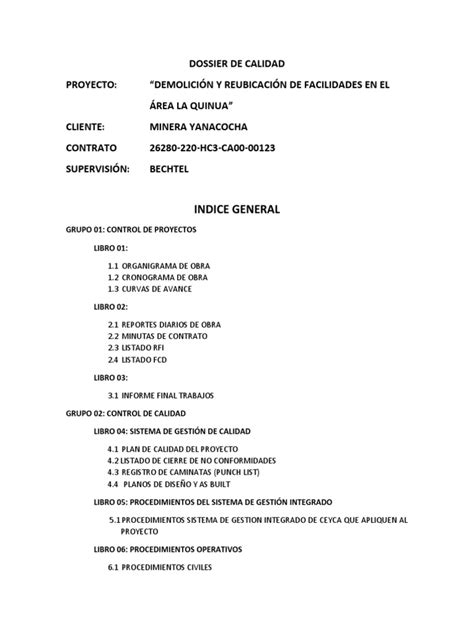 Indice Dossier De Calidad Yanacocha Bechtel B Pdf Fibra óptica