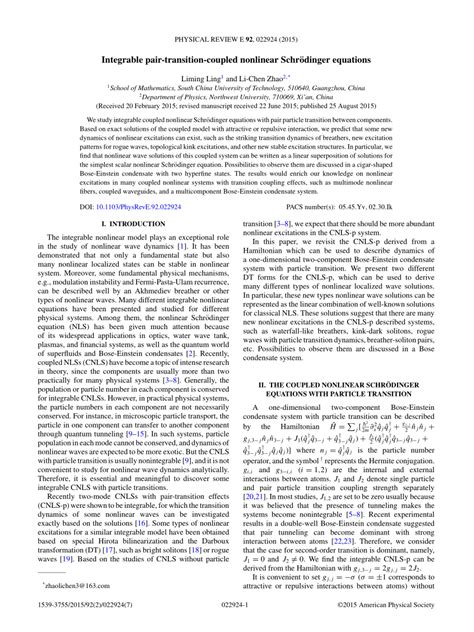 Pdf Integrable Pair Transition Coupled Nonlinear Schr¨ Odinger Equations