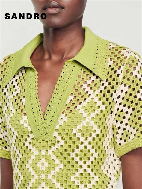 Sandro Long Tunic Style Dress In Crochet With Contrasting Geometric