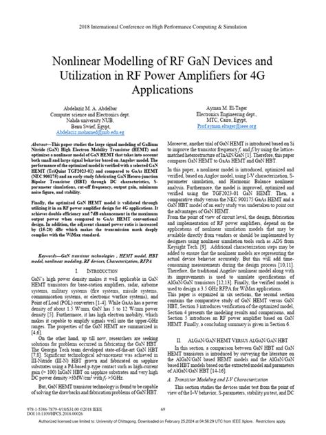 Nonlinear Modelling Of Rf Gan Devices And Utilization In Rf Power Amplifiers For 4g Applications