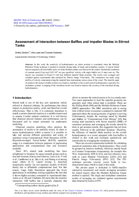 Pdf Assessment Of Interaction Between Baffles And Impeller Blades In