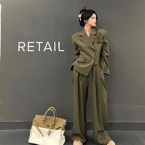 패션 바이 카카오 가을신상하객룩세트상품 다크그린 언발 싱글버튼 심플 루즈핏 정장 자켓 하이웨스트 와이드팬츠 투피스 셋업 세트 데이트룩 여친룩 상견례 하객코디