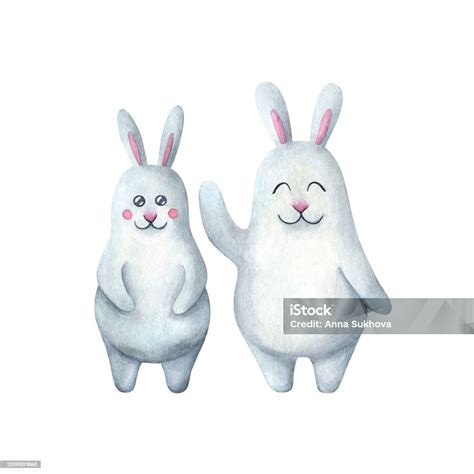 귀여운 흰 토끼 두 마리가 서 있습니다 인쇄 엽서 포스터 템플릿의 자신의 디자인을위한 보편적 인 수채화 그림 흰색 배경에 고립 된 재미있는 만화 캐릭터 개성 개념에 대한