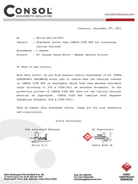 Statement Letter For Consol P100 Esp Does Not Contain Chloride Manyar