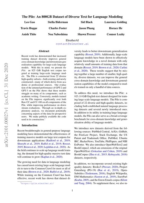 PDF The Pile An 800GB Dataset Of Diverse Text For Language Modeling