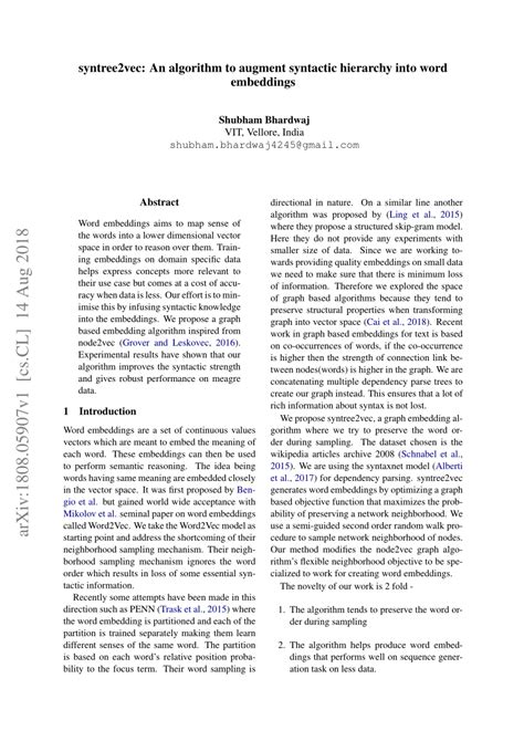Pdf Syntree2vec An Algorithm To Augment Syntactic Hierarchy Into Word Embeddings