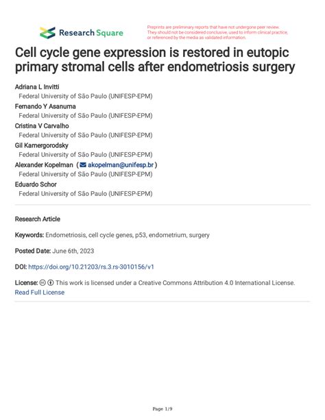 Pdf Cell Cycle Gene Expression Is Restored In Eutopic Primary Stromal