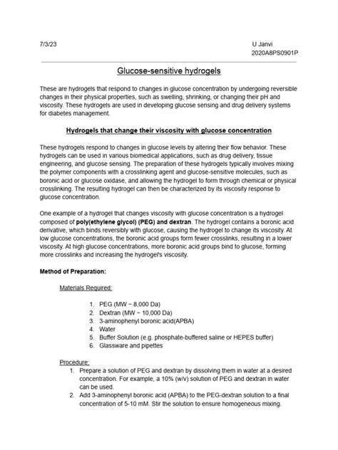 Glucose Sensitive Hydrogels Pdf Cross Link Gel