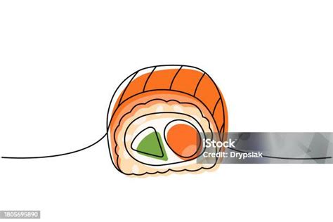 필라델피아 초밥 롤 한 줄 컬러 연속 그리기 일본 요리 전통 음식 연속 한 줄 그림 일러스트레이션에 대한 스톡 벡터 아트 및