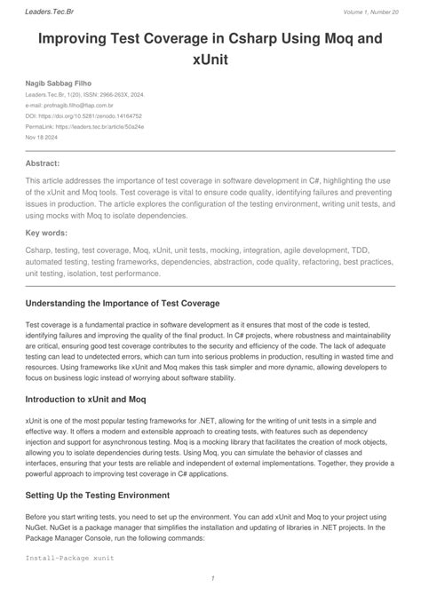 Pdf Improving Test Coverage In Csharp Using Moq And Xunit