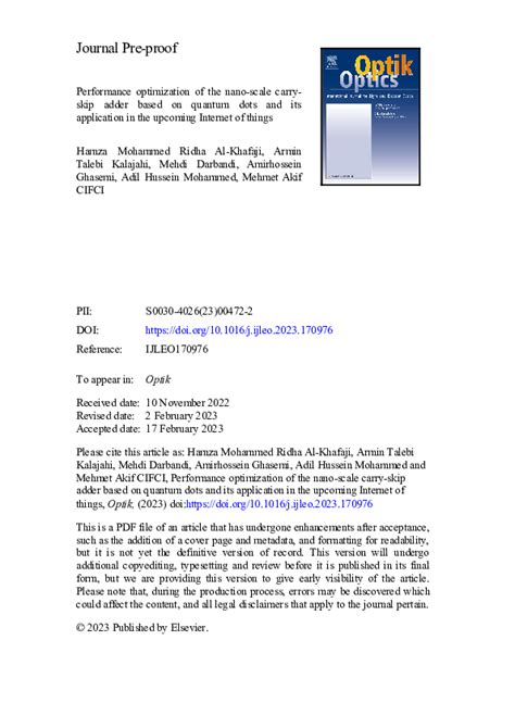Pdf Journal Pre Proof Performance Optimization Of The Nano Scale Carryskip Adder Based On
