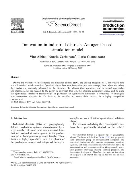 Pdf Innovation In Industrial Districts An Agent Based Simulation Model