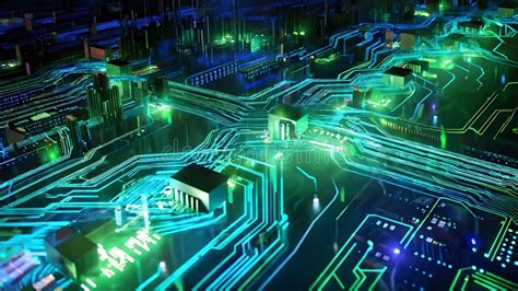 Abstract Data Stream Cascades Over A Circuit Board Stock Illustration