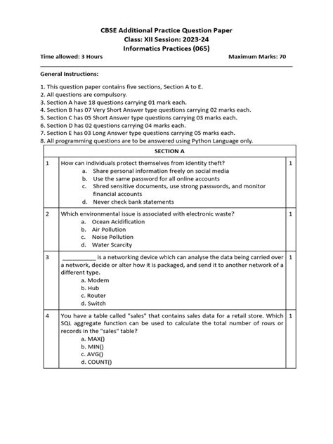 Informatics Practices Sample Paper 2 Cbse Class 12 Pdf Sql Table Database
