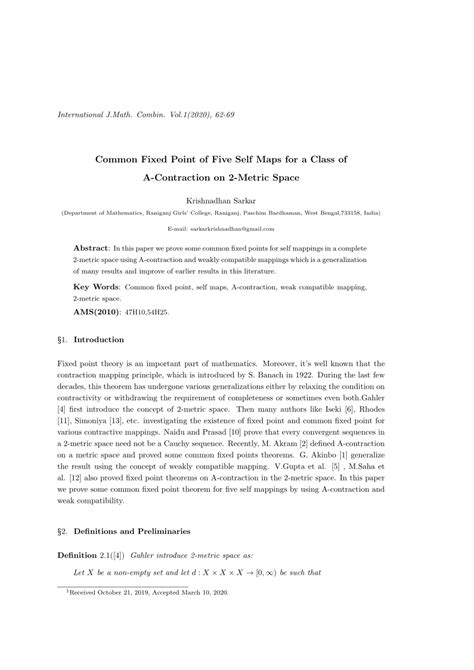 Pdf Common Fixed Point Of Five Self Maps For A Class Of A Contraction
