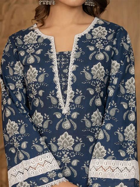 Blue Cotton Floral Yoke Print Pakistani Style Suit Set With Voile