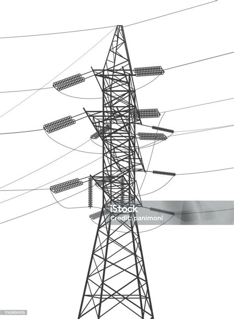 고전압 전송 시스템 전주 전력선 상호 연결된 전기 네트워크 에너지 철탑 도시 전기 인프라 흰색 바탕에 회색 Otlines입니다