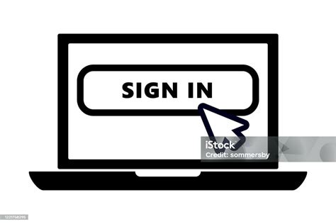 화살표 포인터 또는 커서 마우스가 로그인 버튼 선형 아이콘을 클릭플랫 블랙 노트북 아이콘 웹 사이트에 대한 화면 모바일 컴퓨터 또는 검색 클릭 마우스를 사용하는 개념